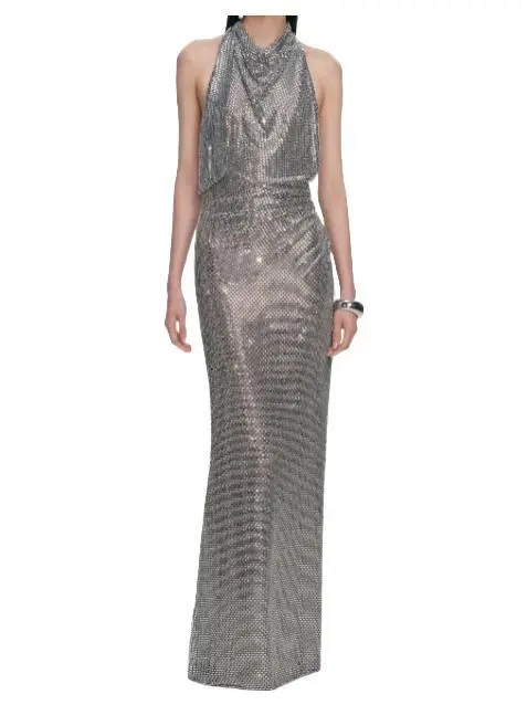 SELF-PORTRAIT Halterneck Maxi Dress With Backless Cut - Grey