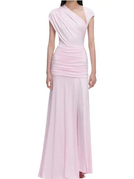 SELF-PORTRAIT Draped Asymmetrical Maxi Dress - Pink