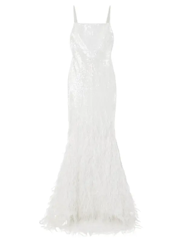 Retrofete Odessa Sequined Gown With Feathered Hem - White