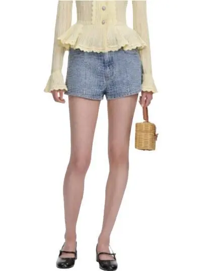 SELF-PORTRAIT Rhinestone Croc Effect Denim Shorts - Nude