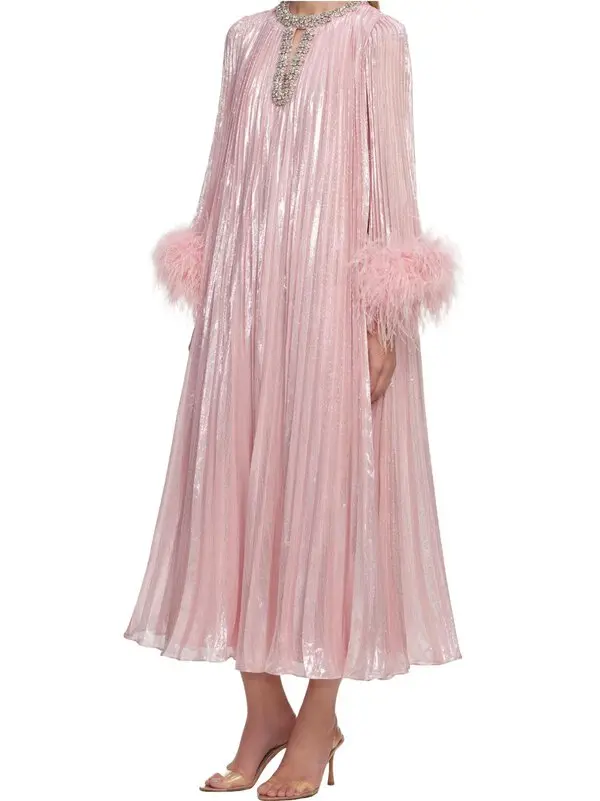 SELF-PORTRAIT Feather Trim Midi Dress - Pink
