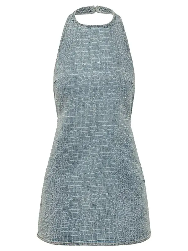 SELF-PORTRAIT Rhinestone Croc-effect Denim Mini Dress - Blue