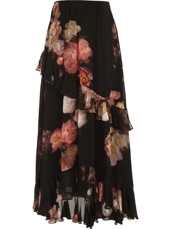 Zimmermann Floral Asymmetrical Frilled Midi Skirt - Black