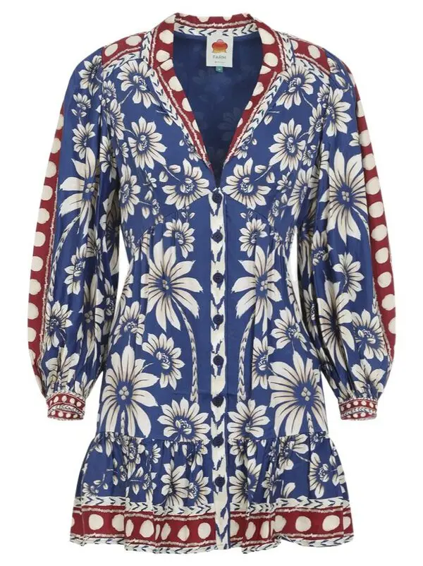 Farm Rio Floral Button-front Mini Dress - Blue