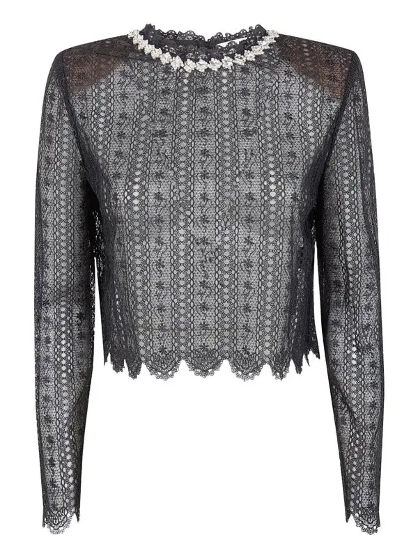 SELF-PORTRAIT Embellished Trim Lace Blouse - Black