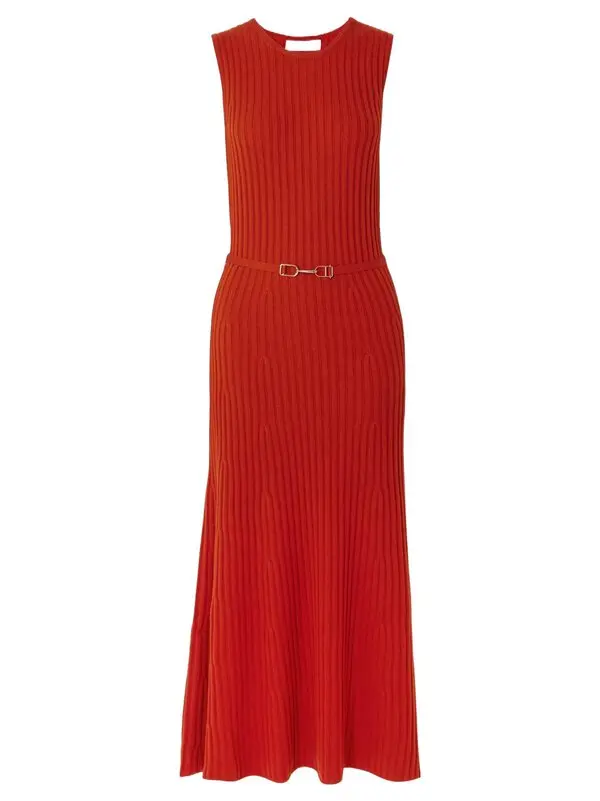 Gabriela Hearst Sleeveless Ribbed Knit Midi Dress With Belt - Tomato Red