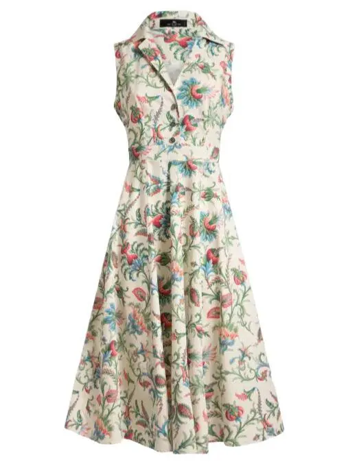 Etro Sleeveless V-neck Dress With Floral Print And Ruffles - Cream
