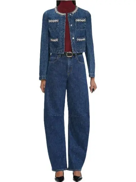 SELF-PORTRAIT Embellished-pocket Denim Jacket - Blue