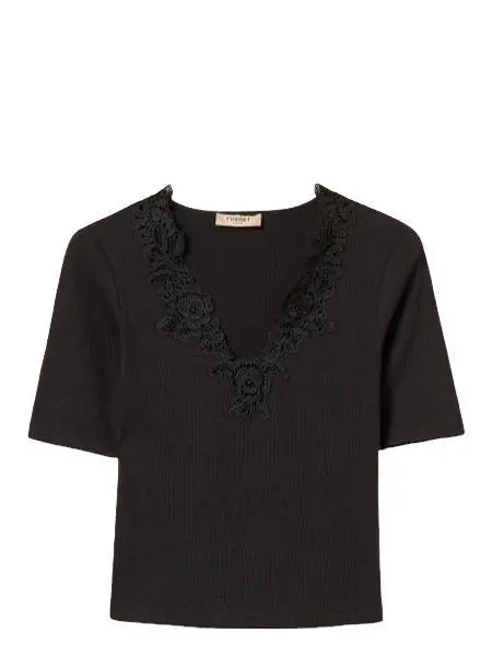 TWINSET Lace Trim Cropped T-shirt - Black