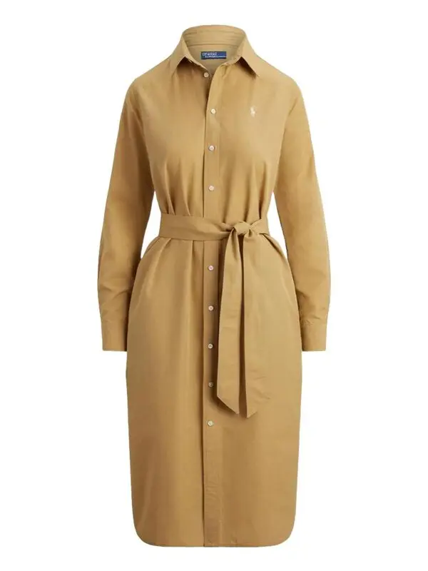 Polo Ralph Lauren Logo Embroidered Belted Shirt Dress - Beige