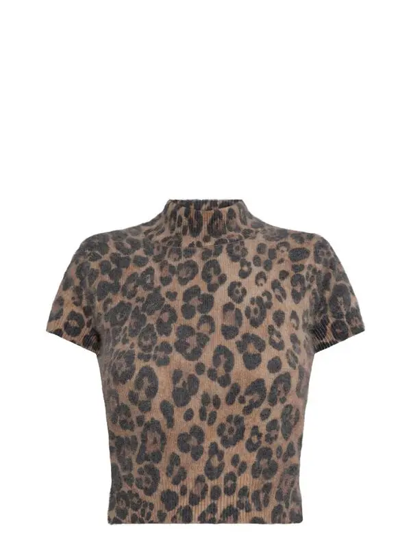 Blumarine Short Sleeve High Neck Leopard Print Sweater - Black