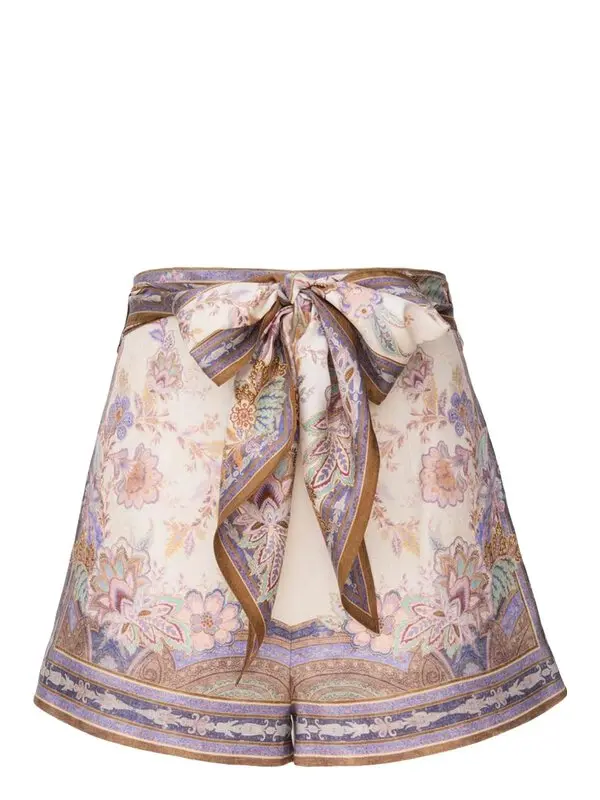 Zimmermann Luna Scarf Tie Print Shorts - Cream-blue-paisley