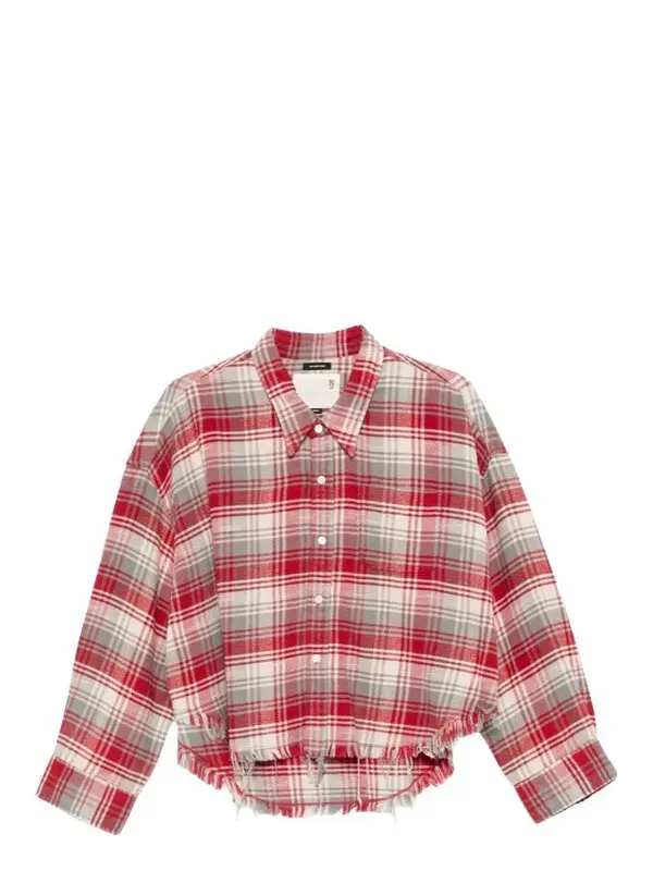 R13 Cropped Frayed Hem Plaid Shirt - Red And Gray