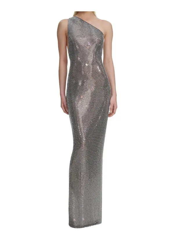SELF-PORTRAIT One-shoulder Rhinestone Maxi Dress - Grey