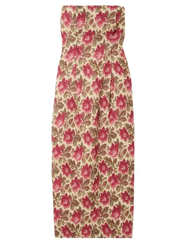 Posse Rosalie Strapless Floral-print Linen Midi Dress - Red