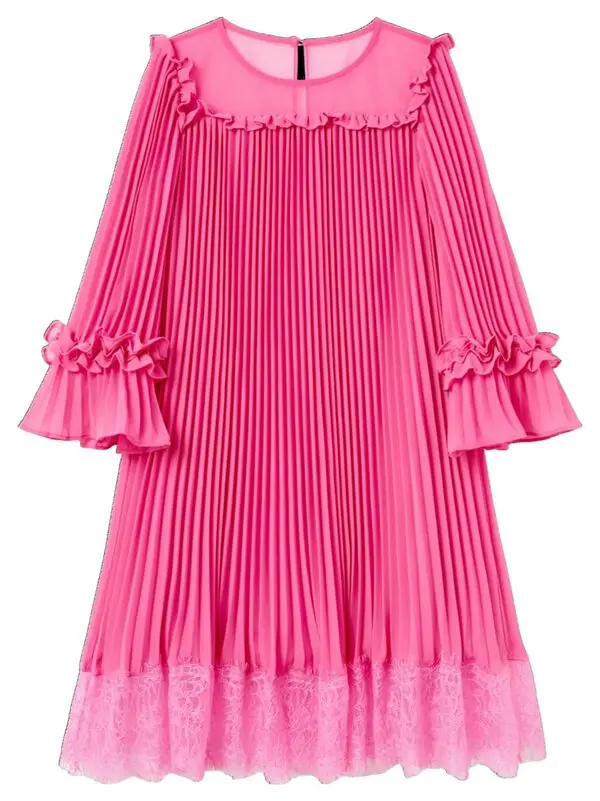 SELF-PORTRAIT Lace Trimmed Pleated Midi Dress - Pink