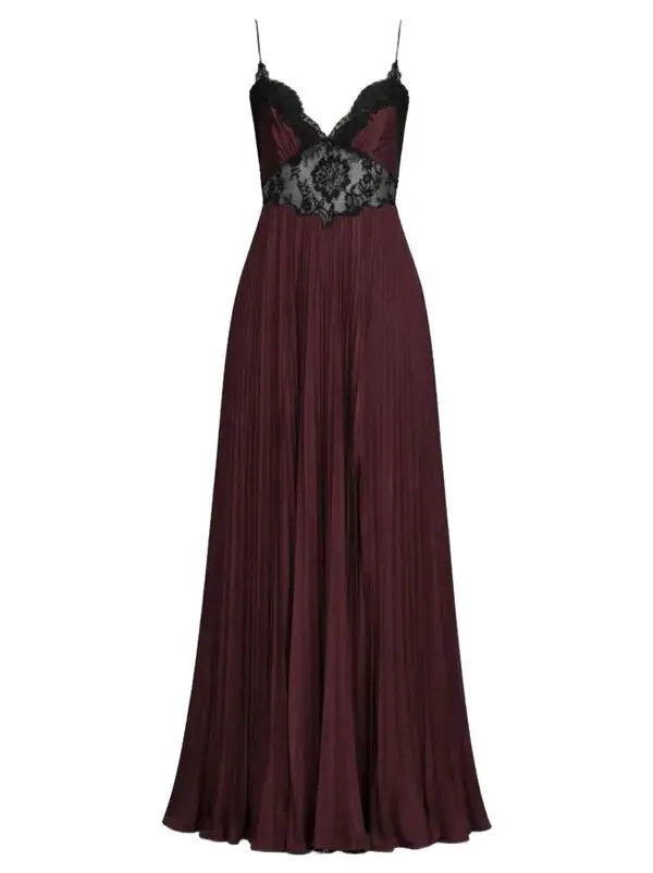 SELF-PORTRAIT Pleated Lace-trim Maxi Dress - Brown