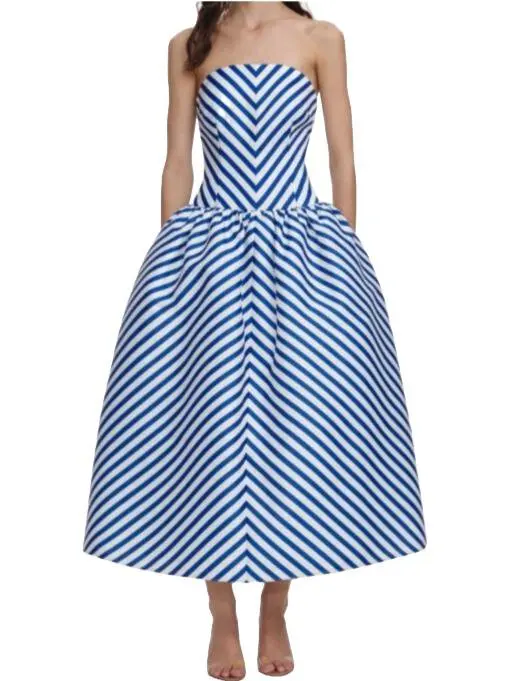 SELF-PORTRAIT Striped Strapless Midi Dress With Internal Corset - Navy