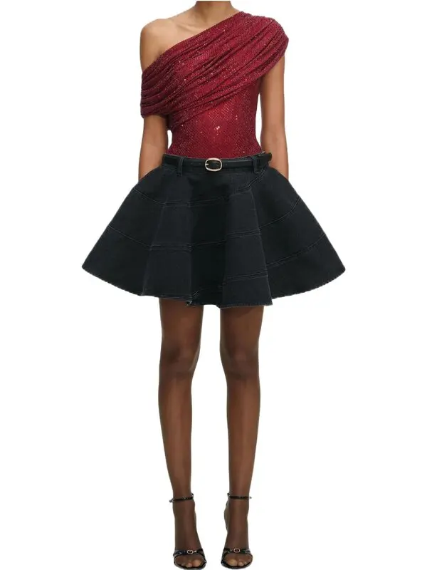 SELF-PORTRAIT Belted Flared Mini Skirt In Denim - Black