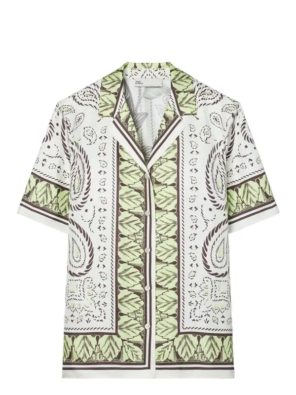 Tory Burch Printed Silk Camp Shirt - Mint Cockatoo