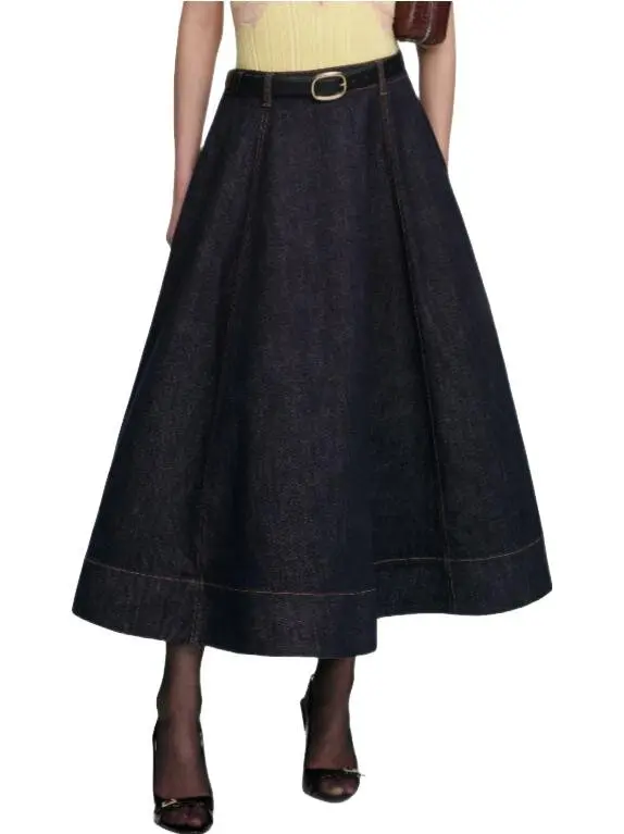 SELF-PORTRAIT Denim Flared Midi Skirt - Indigo