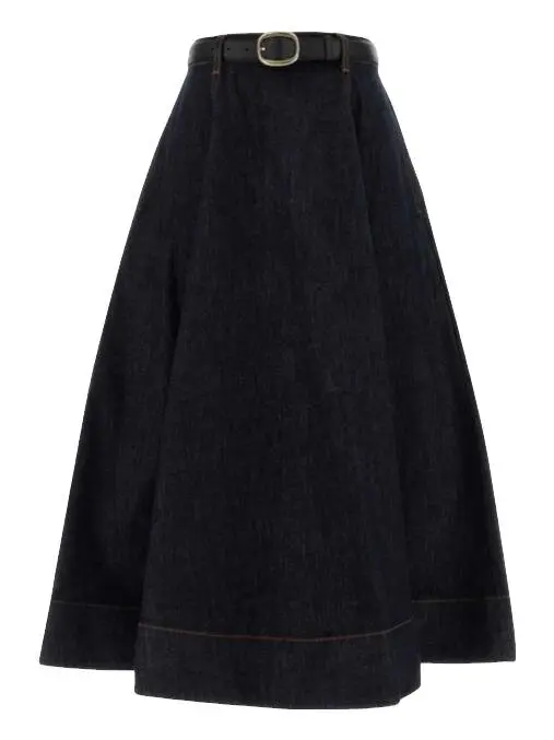 SELF-PORTRAIT Denim Flared Midi Skirt - Indigo