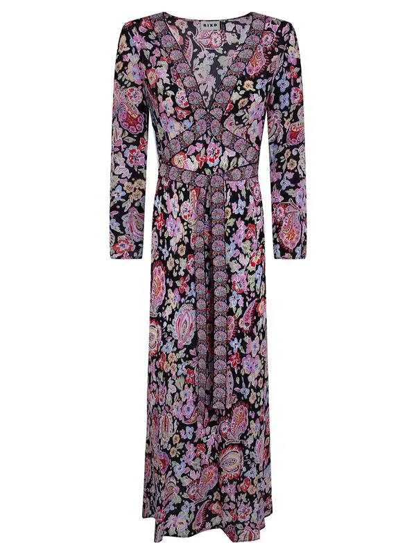 Rixo Long Sleeve V-neck Floral Maxi Dress - Multicolor