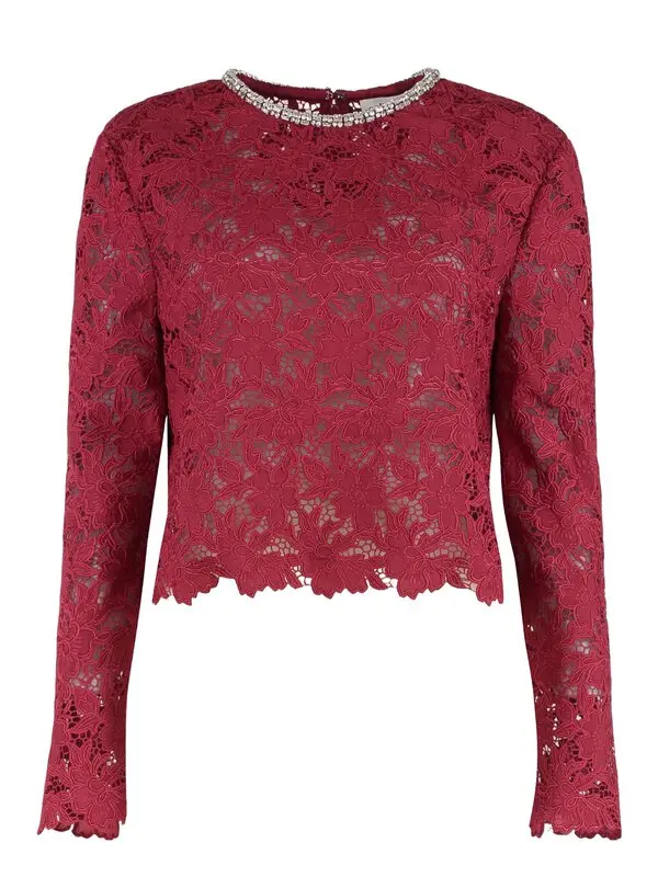 SELF-PORTRAIT Embellished Neck Floral Lace Top - Red