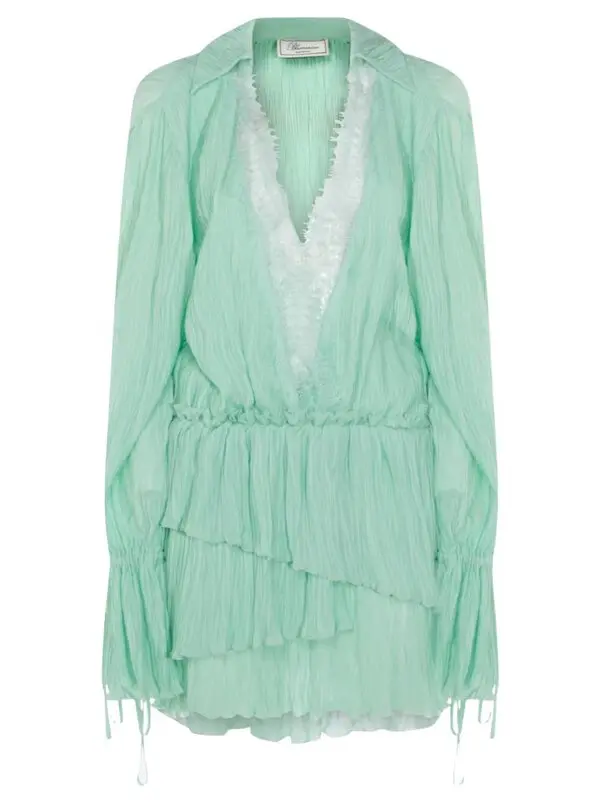 Blumarine Long-sleeved V-neck Dress With Layered Hem - Green