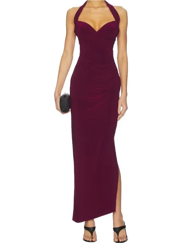 Norma Kamali Ruched Halterneck Maxi Dress With Side Slits - Red