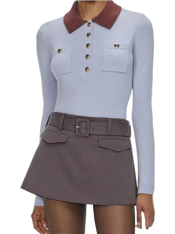 SELF-PORTRAIT Contrast Collar Knit Top - Blue