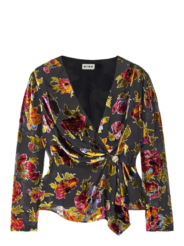 Rixo Evelyn Embellished Floral-print Devoré-velvet Wrap Top - Black