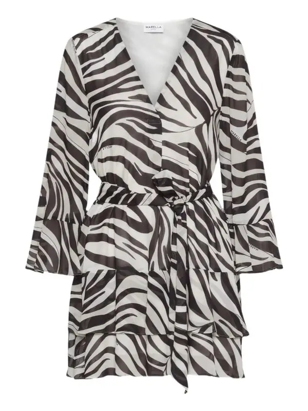 Marella Flounced Viscose Georgette Dress With V-neck And Long Sleeves - Black