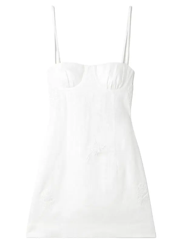 SIR. Alessandra Gathered Embroidered Linen Mini Dress - White