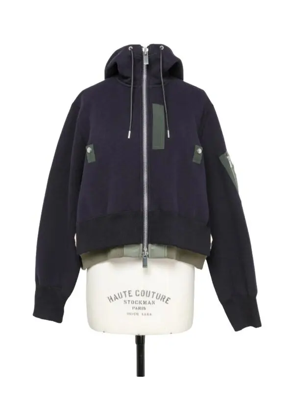Sacai Twill Hoodie With Drawstring And Ribbed Trim - Navy Blue  Khaki