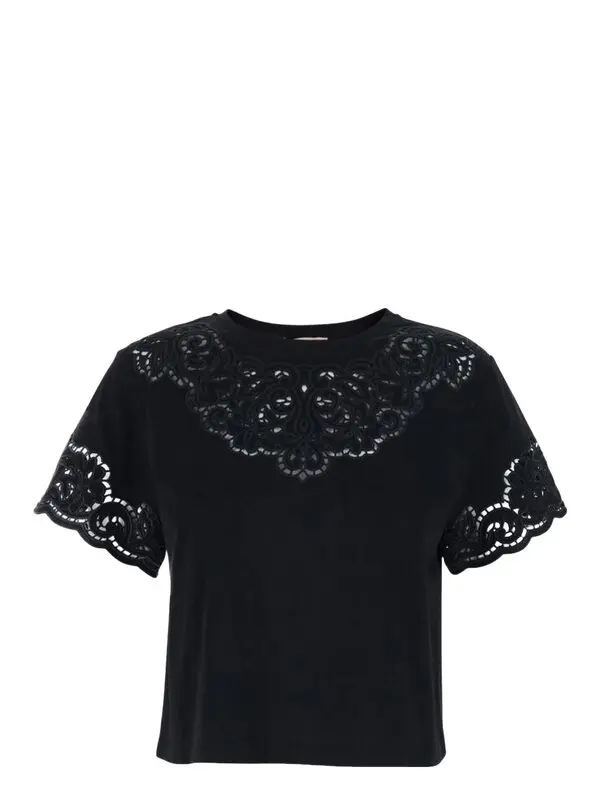 TWINSET Cropped T-shirt With Floral Embroidery - Black
