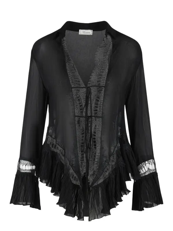 Blumarine Lace Ruffled Sheer Blouse - Black