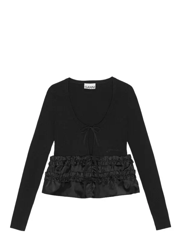 GANNI Melange Knit Cardigan With Ruffle Hem - Black