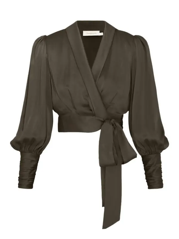 Zimmermann Wrap Top With Lantern Sleeves And Belt - Brown