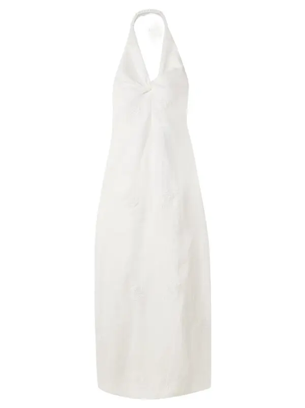 SIR. Alessandra Twist-front Embroidered Linen Halterneck Midi Dress - White