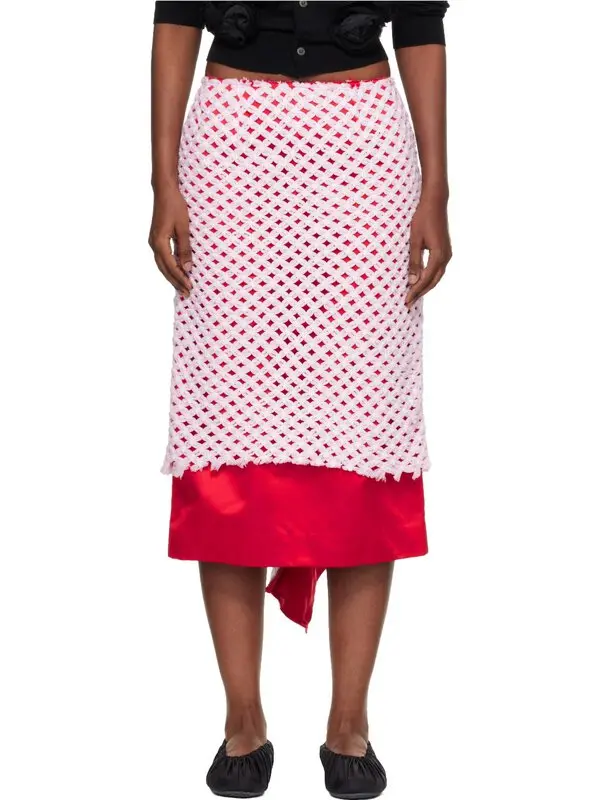 Comme Des Garçons Mid-length Skirt With Woven Tulle Mesh - Red/off-white