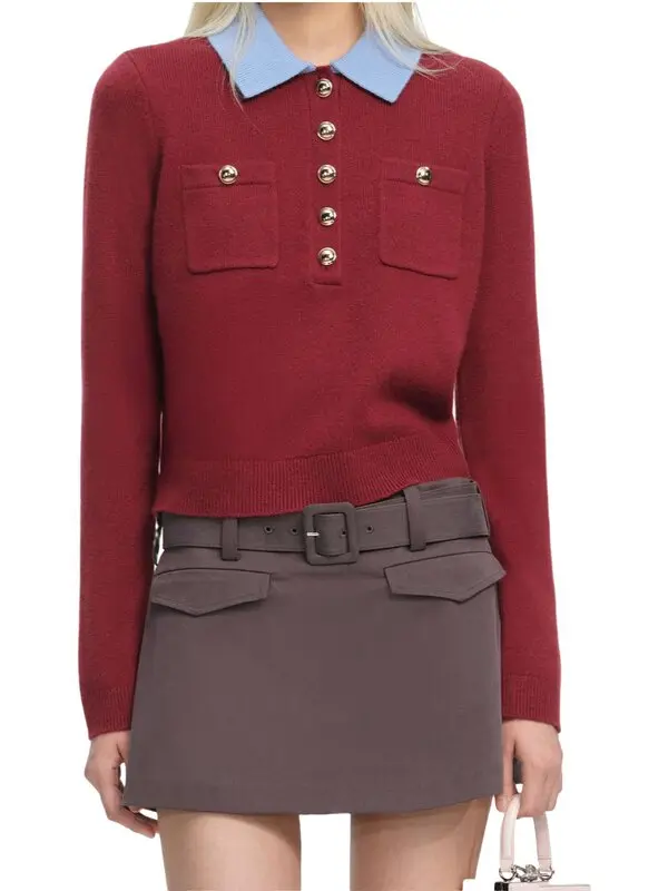 SELF-PORTRAIT Patch-pocket Knitted Polo Top - Wine Red