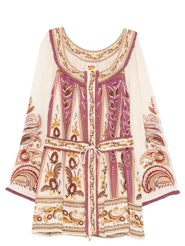 Farm Rio Floral Printed Tie-waist Mini Dress - Nude