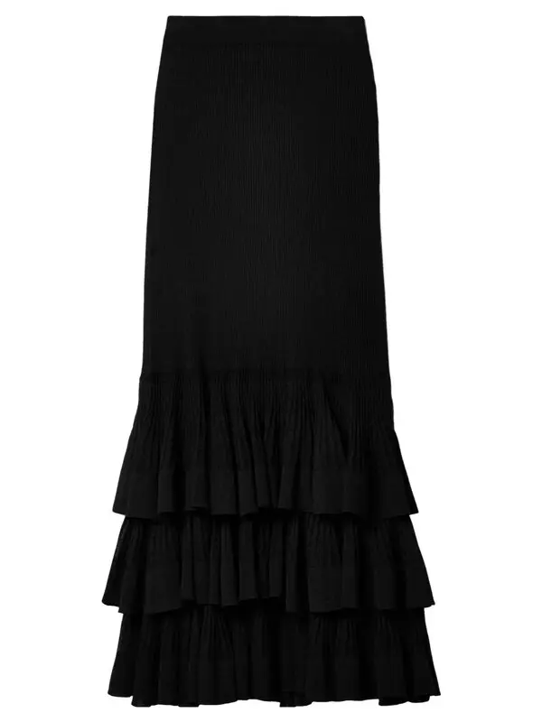 Zimmermann Layered Ruffled Ribbed Knit Midi Skirt - Black