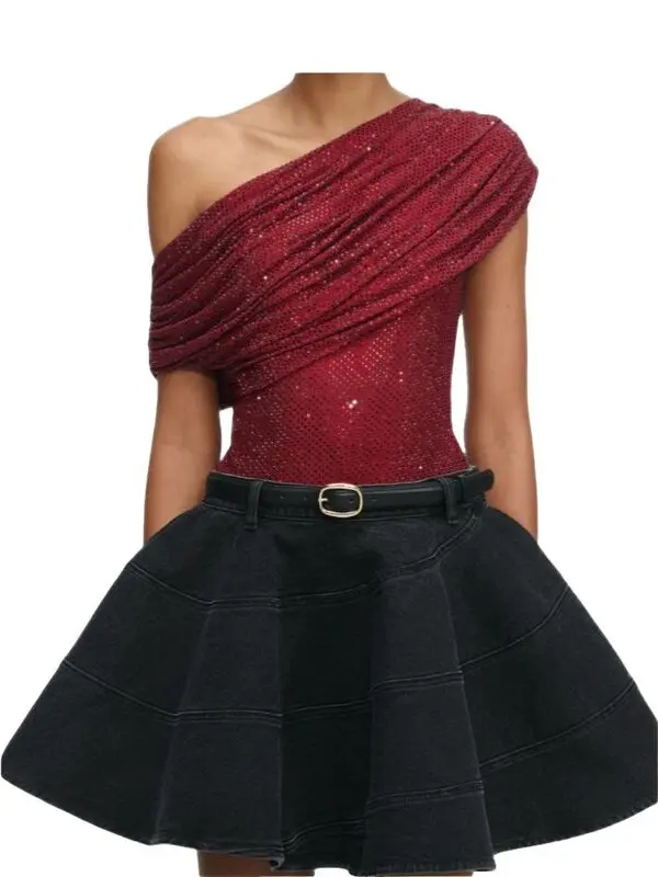 SELF-PORTRAIT Asymmetrical Draped One-shoulder Top - Wine Red