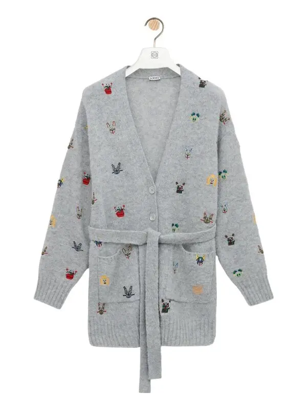 Loewe Belted Wool Cardigan With Anagram Embroidery - Gray