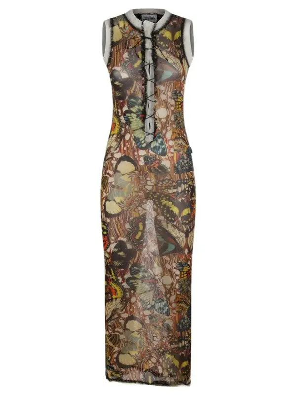 JEAN PAUL GAULTIER Sleeveless High Neck Printed Tie-up Dress - Brown