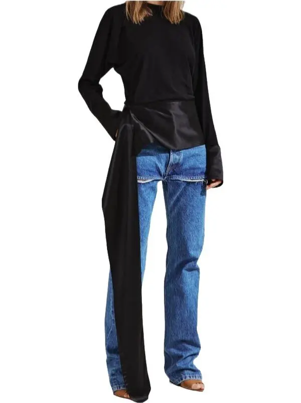 DARKPARK Satin Trim Long Sleeve Blouse - Black