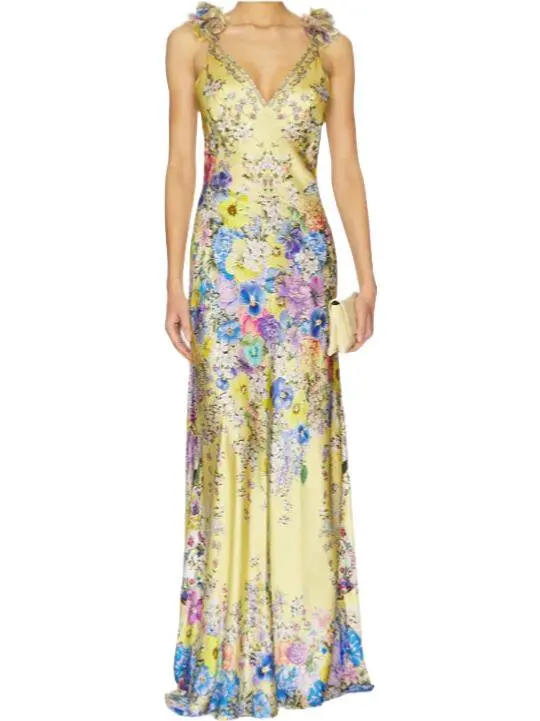 Camilla Floral Printed V-neck Bias Slip Maxi Dress - Multicolor