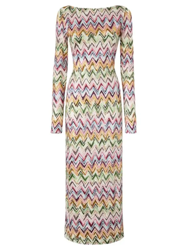 Missoni Long Sleeve Maxi Dress With Zigzag Pattern And Lace Details - Nude